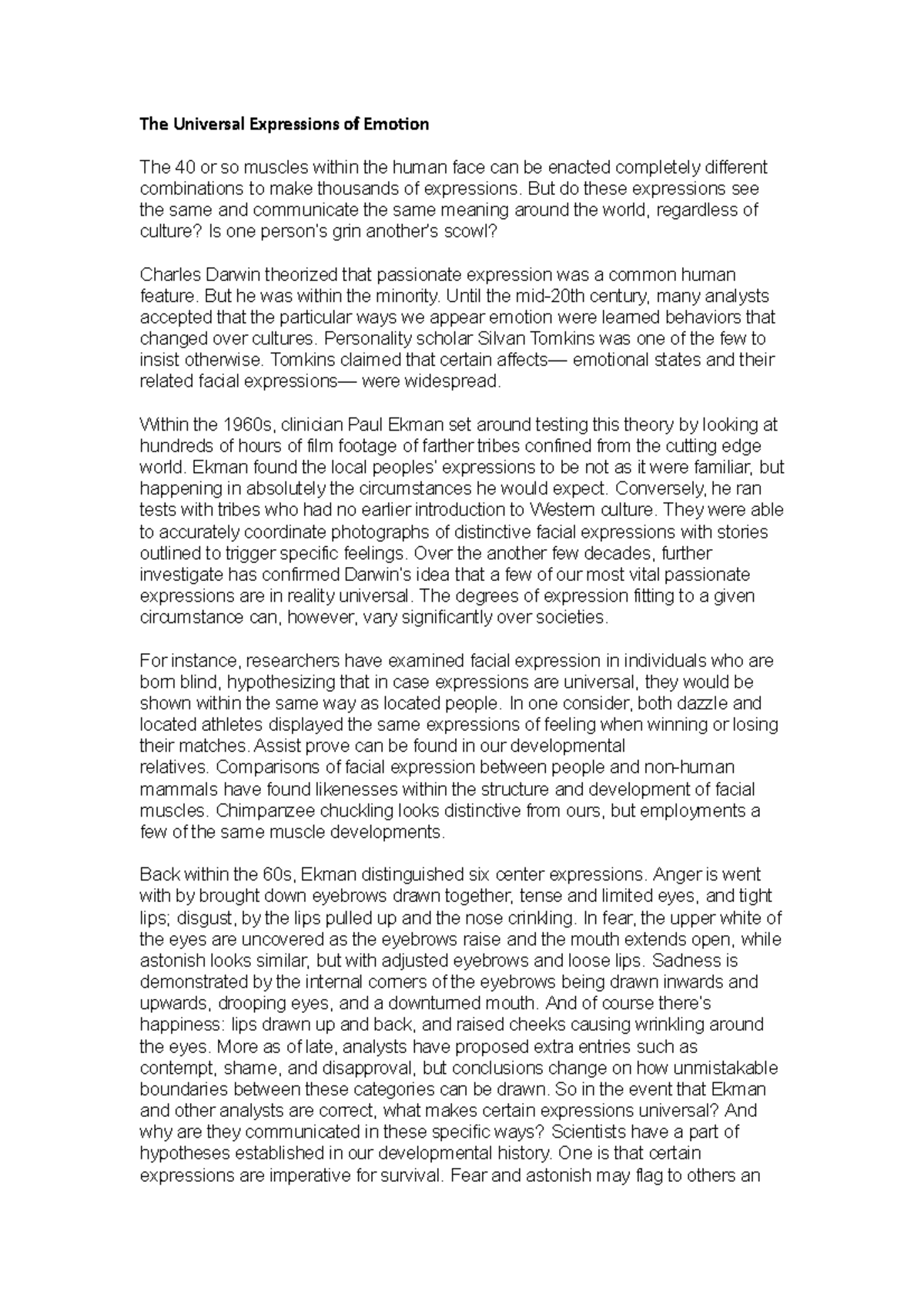 The Universal Expressions of Emotion - But do these expressions see the ...