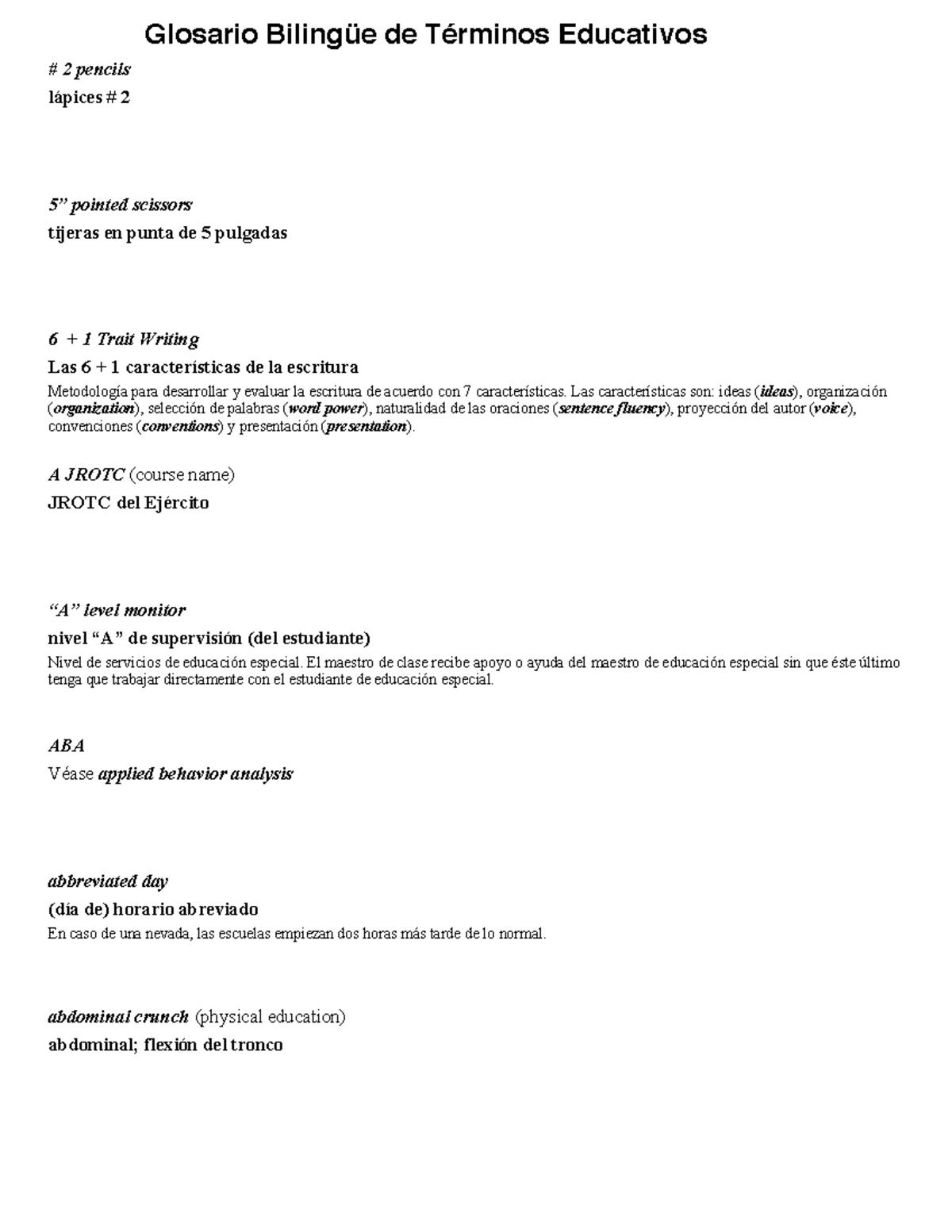 English Spanish Glossary educational terms - Glosario Bilingüe de ...