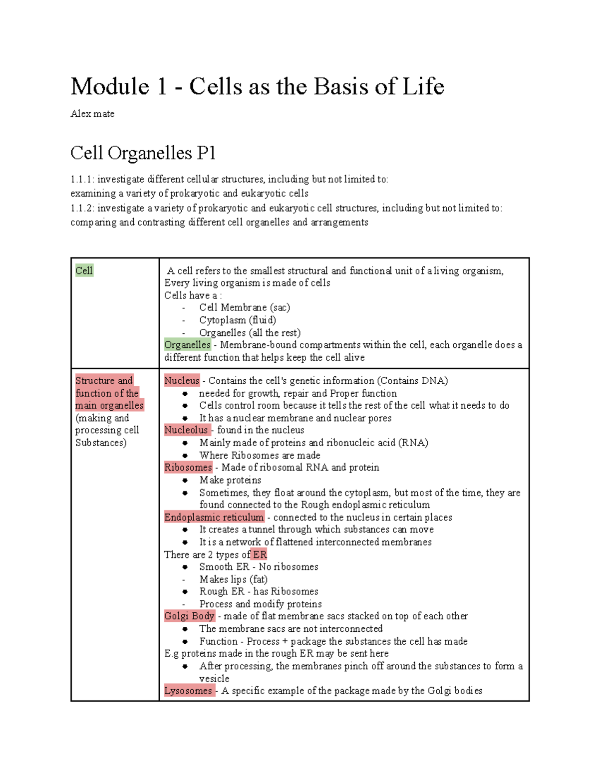 Biology Notes - Most of mod 1 - Module 1 - Cells as the Basis of Life ...