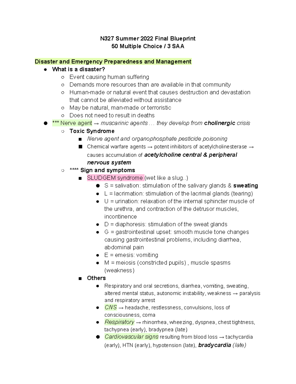 NURS 327 Final Review - N327 Summer 2022 Final Blueprint 50 Multiple ...
