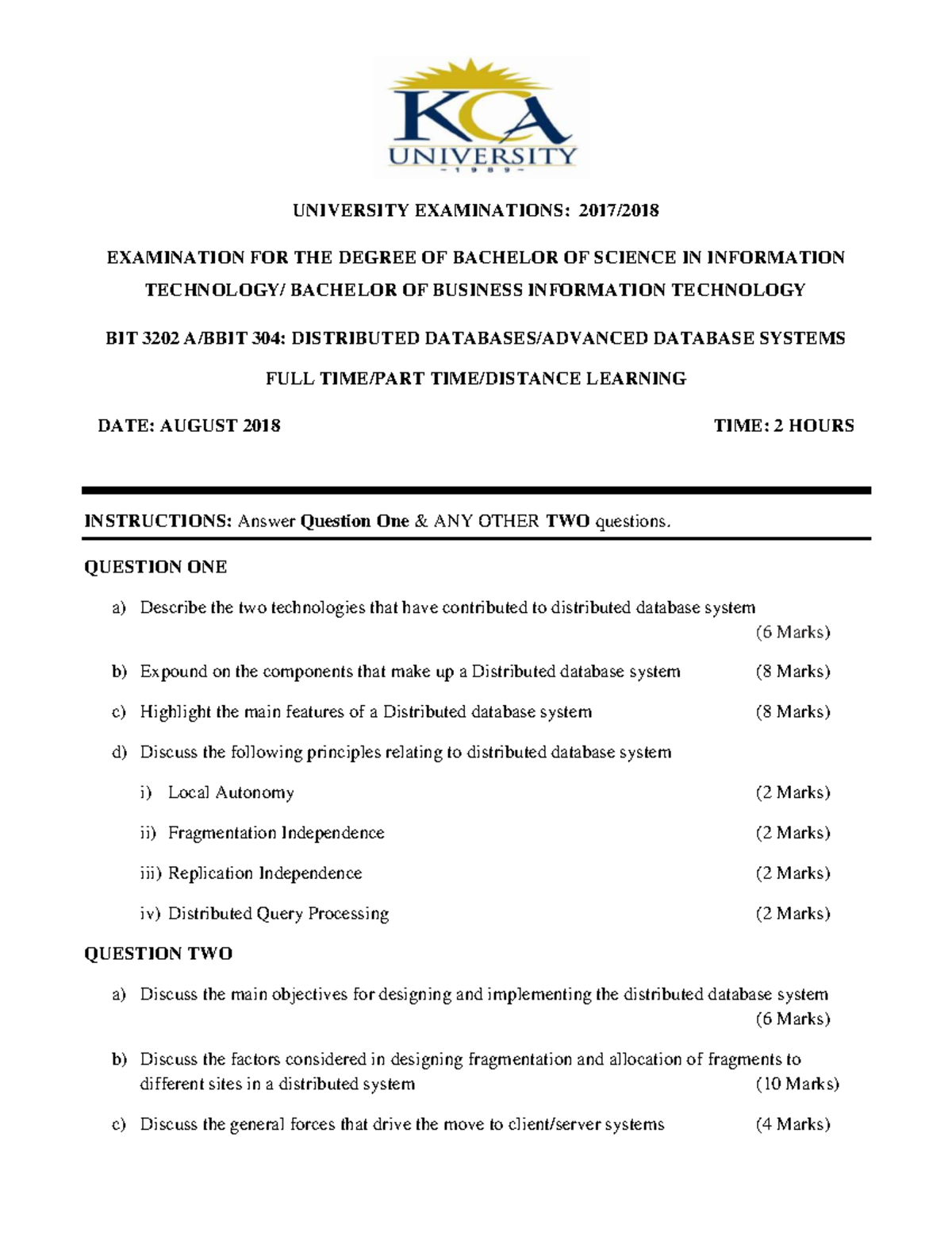BIT3202 A BBIT304- Distributed Databases Advanced Database Systems 2017 18 - UNIVERSITY - Studocu