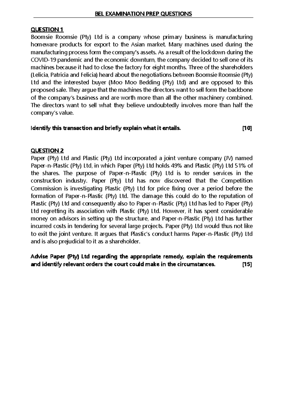 Examprepquestions 2024 - BEL EXAMINATION PREP QUESTIONS QUESTION 1 ...