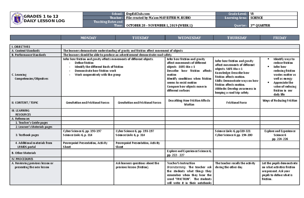 DLL Science 6 Q3 W1 - practice material - GRADES 1 to 12 DAILY LESSON LOG School: DepEdClub ...