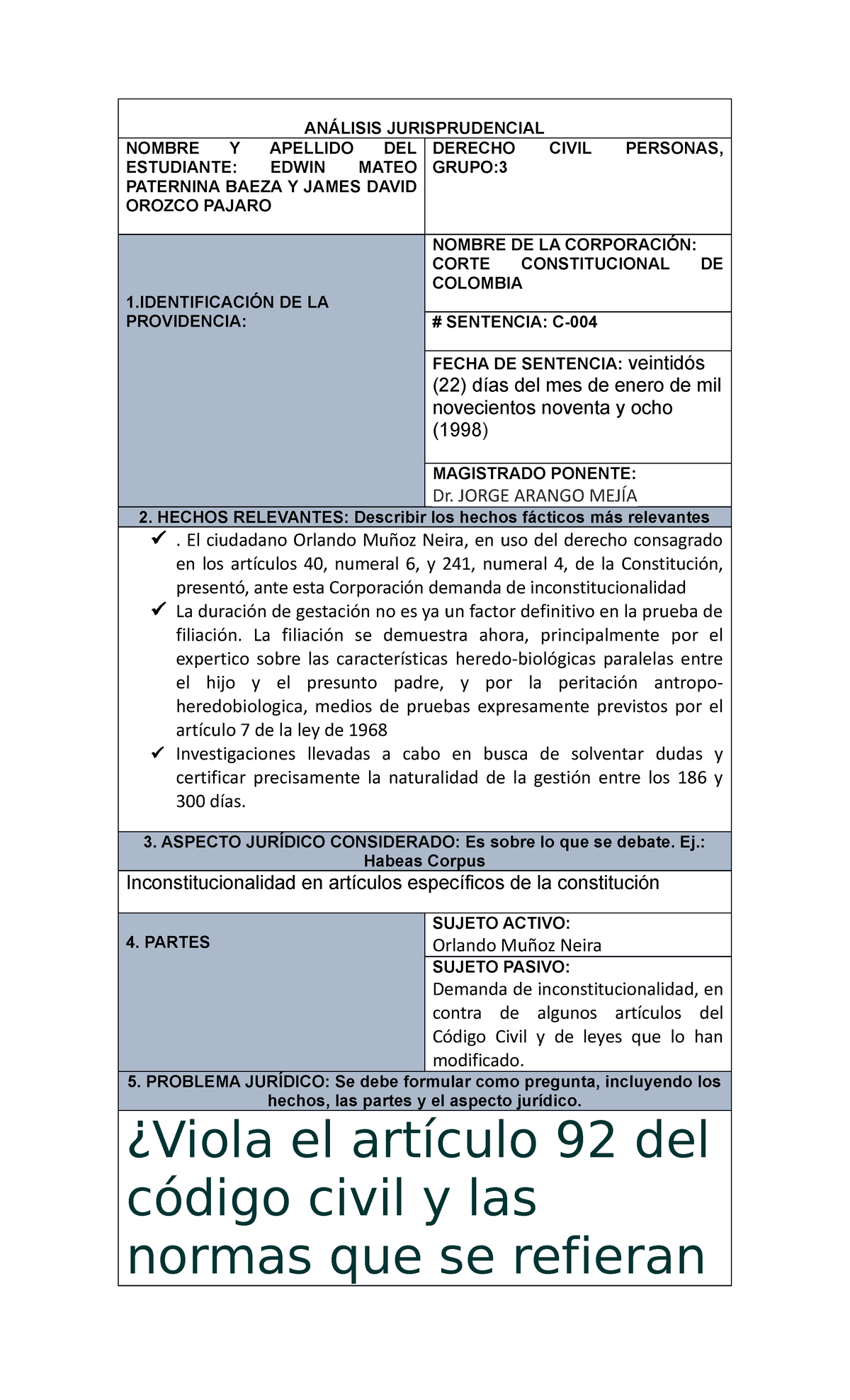 Analisis Jurisprudencial - ANÁLISIS JURISPRUDENCIAL NOMBRE Y APELLIDO ...