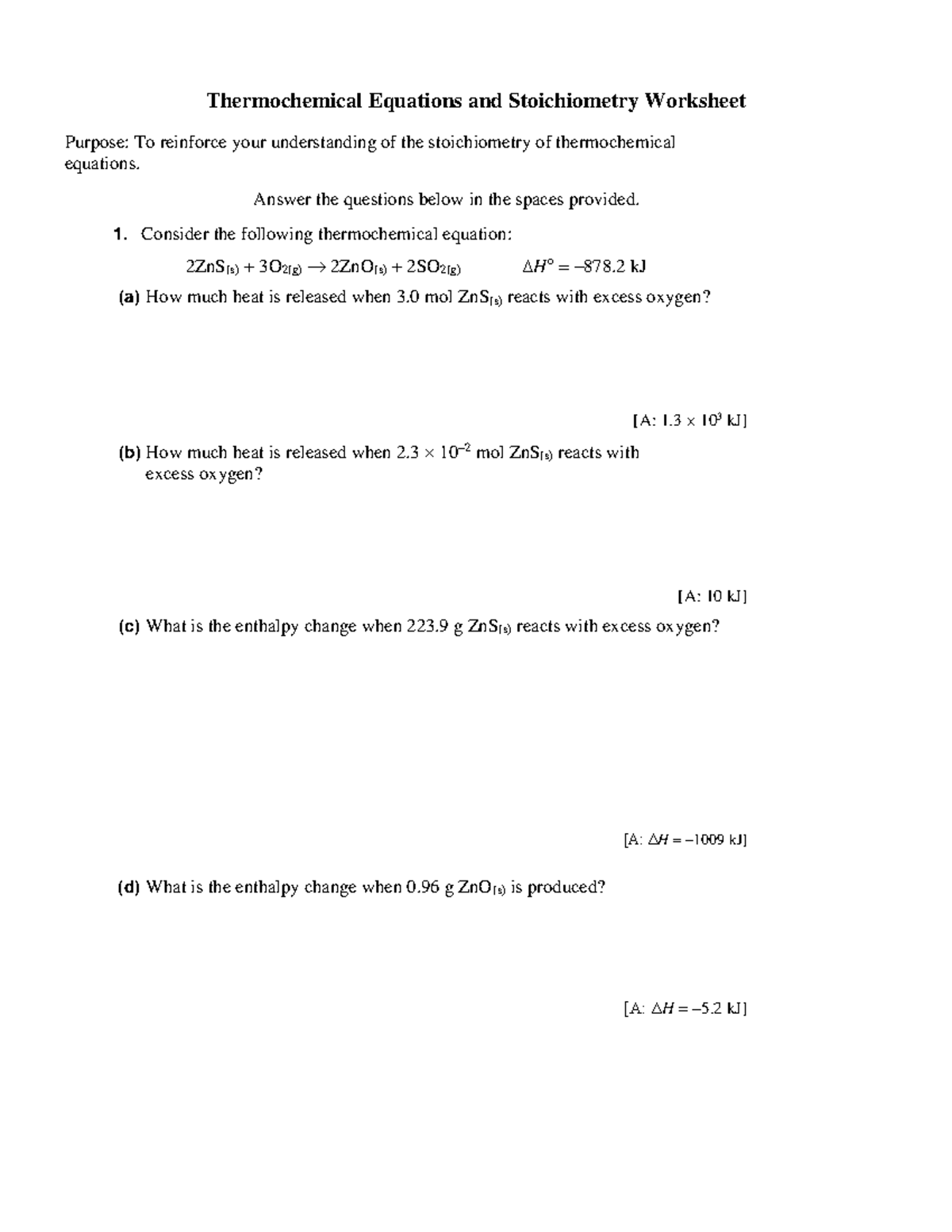 Thermochemical Equations worksheet 2 - Thermochemical Equations and ...