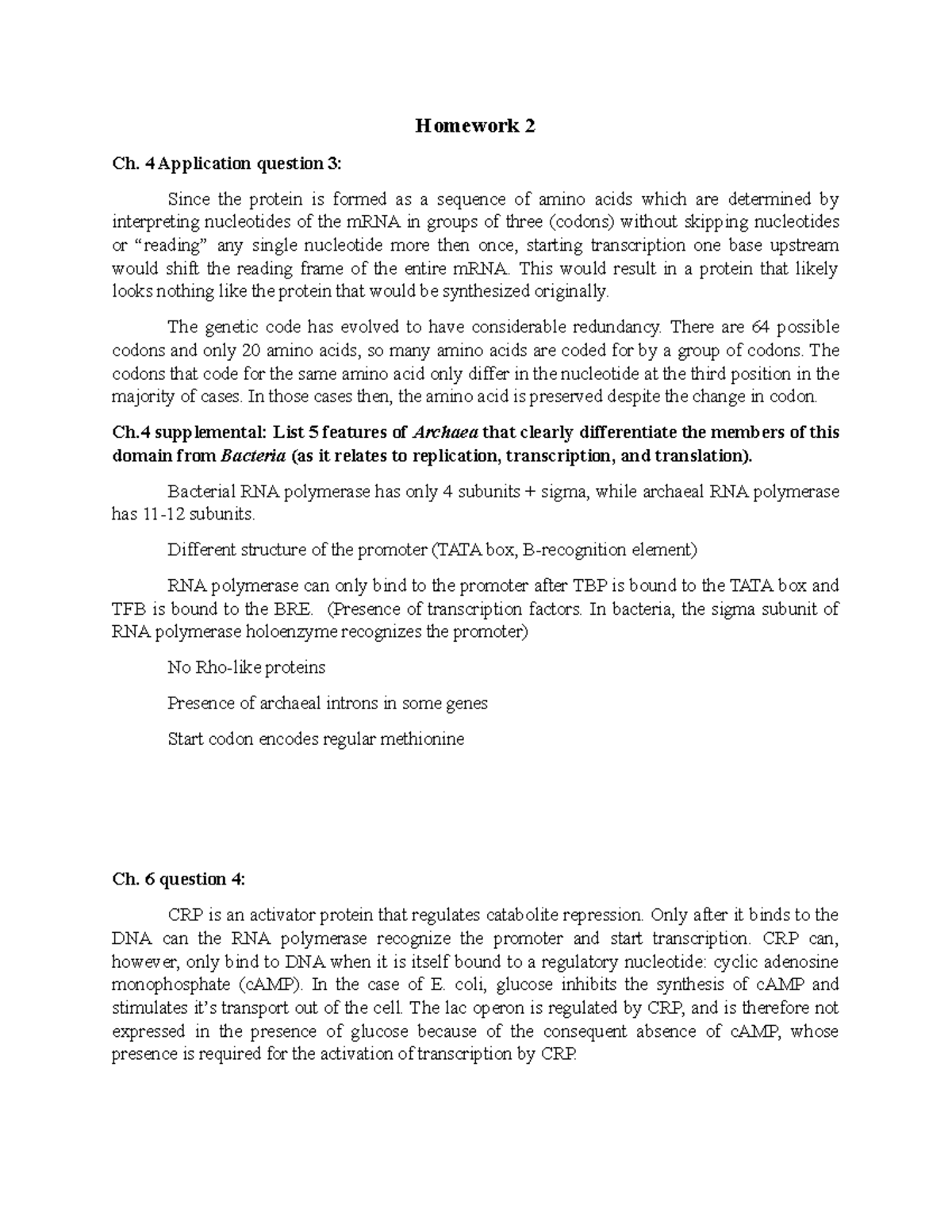 BIOL 210 HW 2 - Assignment 2, problems from textbook - Homework 2 Ch. 4 ...