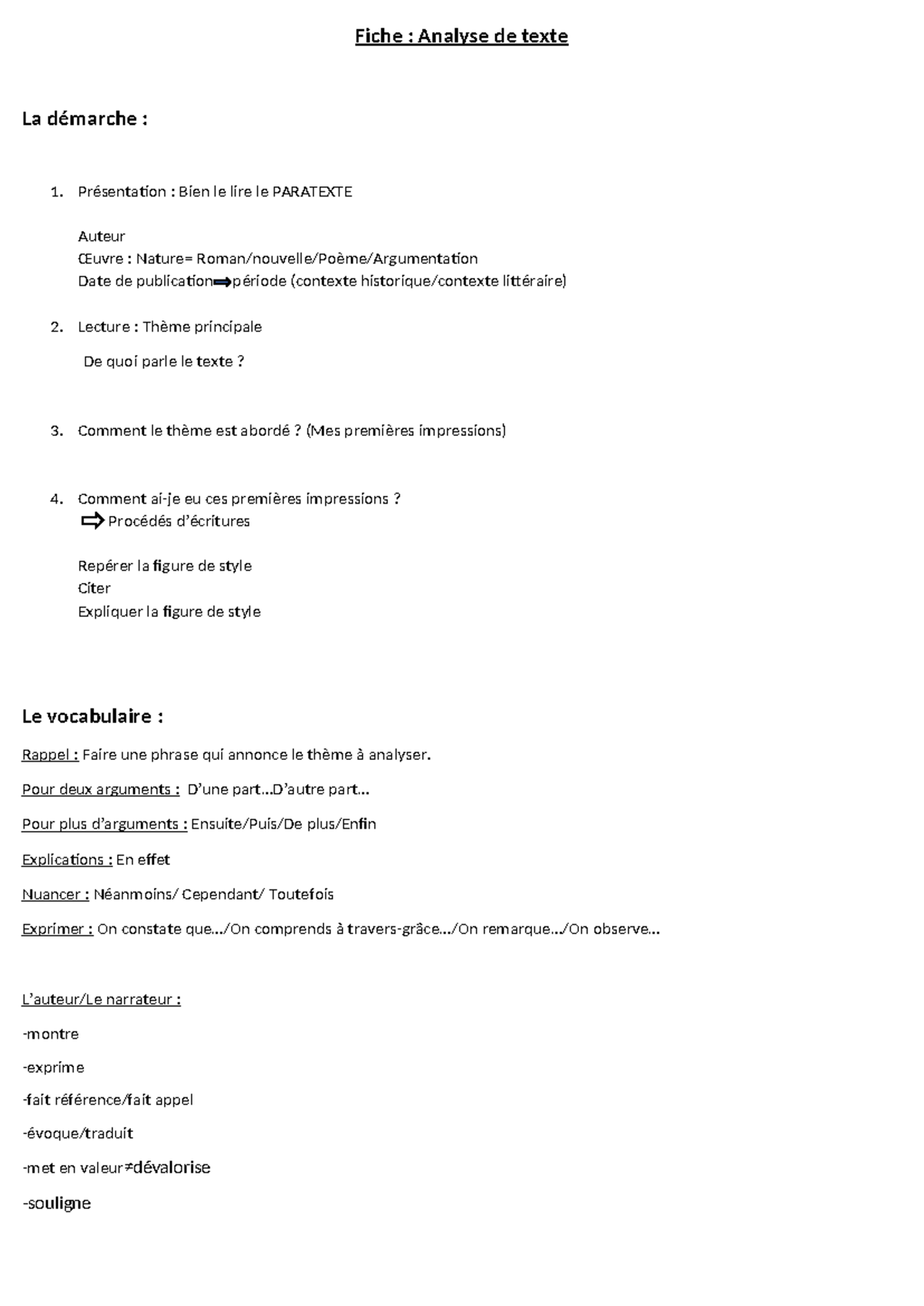 Fiche analyse de texte - Fiche : Analyse de texte La démarche : 1 ...