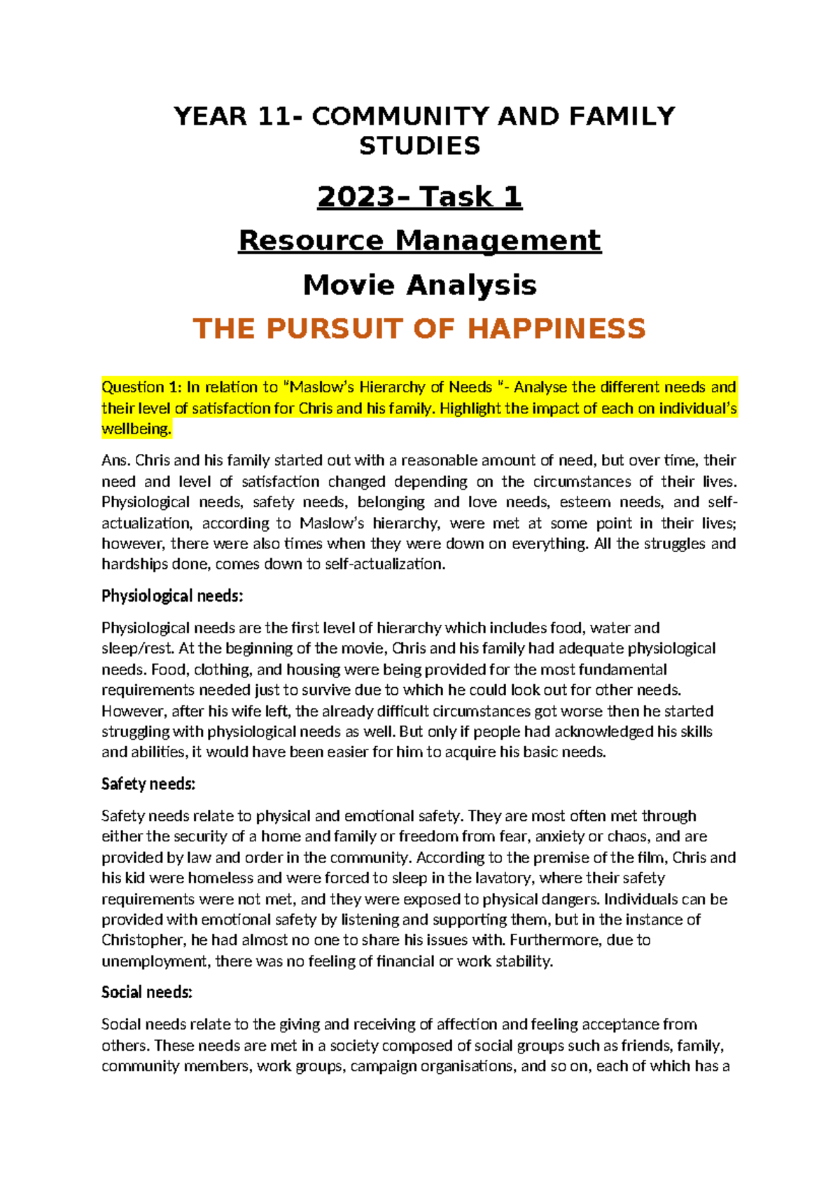 Cafs movie analysis - fyfh - YEAR 11- COMMUNITY AND FAMILY STUDIES 2023 ...