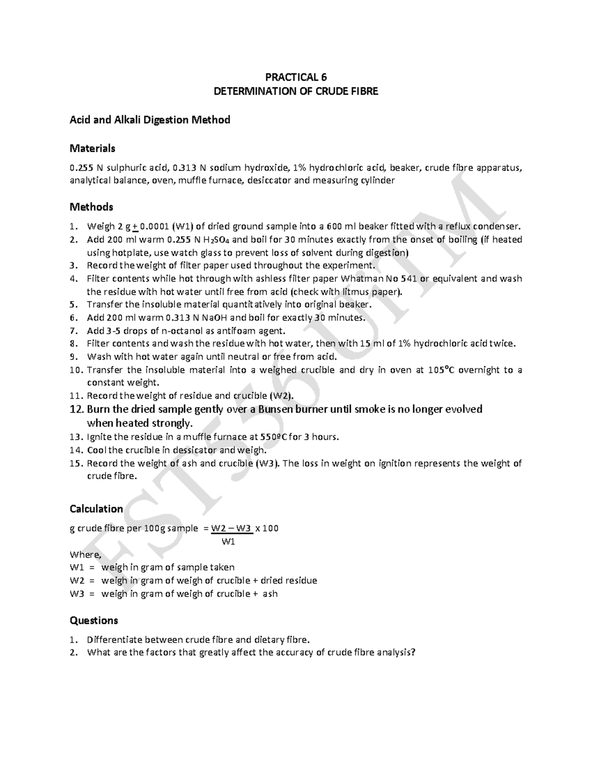 Manual Practical 6 - Fibre - PRACTICAL 6 DETERMINATION OF CRUDE FIBRE ...
