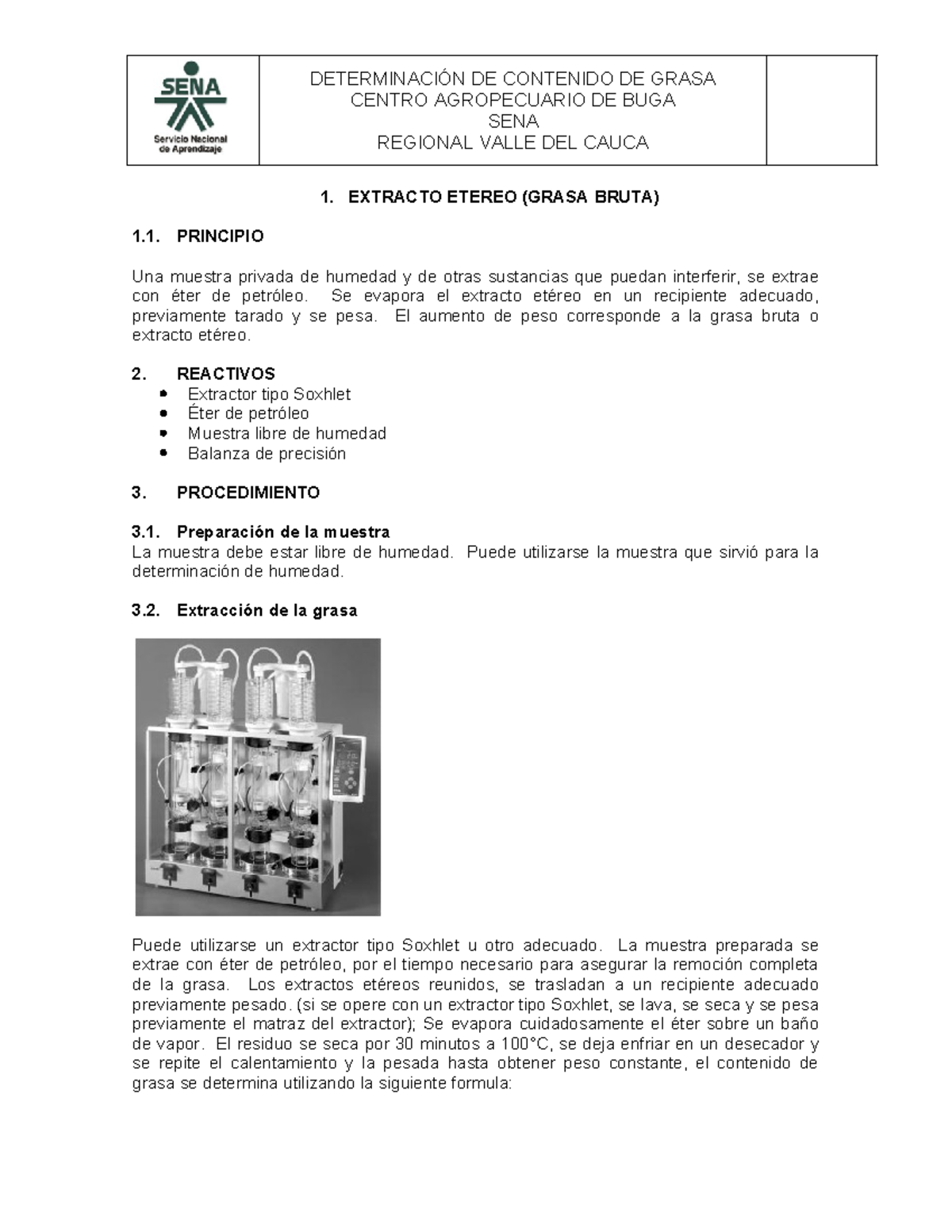 1 Extracto etéreo - DETERMINACIÓN DE CONTENIDO DE GRASA CENTRO ...