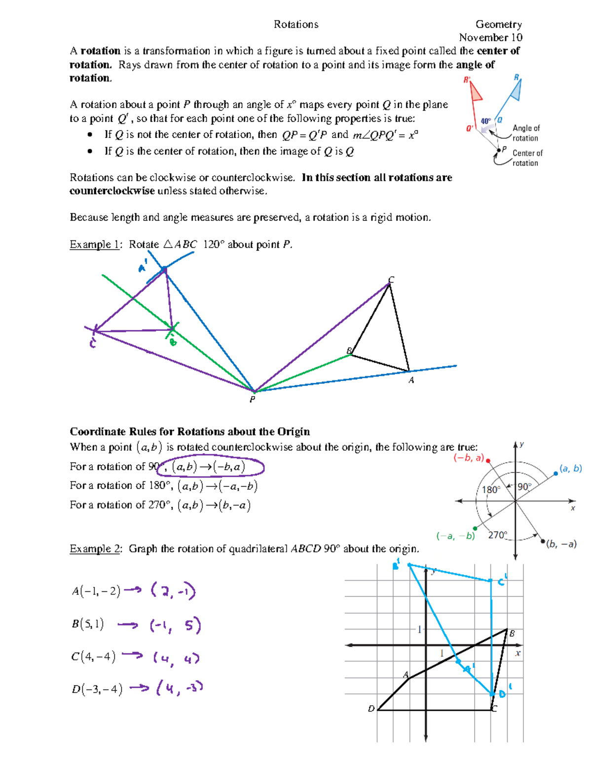11-10 - rotations - geometry roatation - Rotations Geometry November 10 A rotation is a - Studocu
