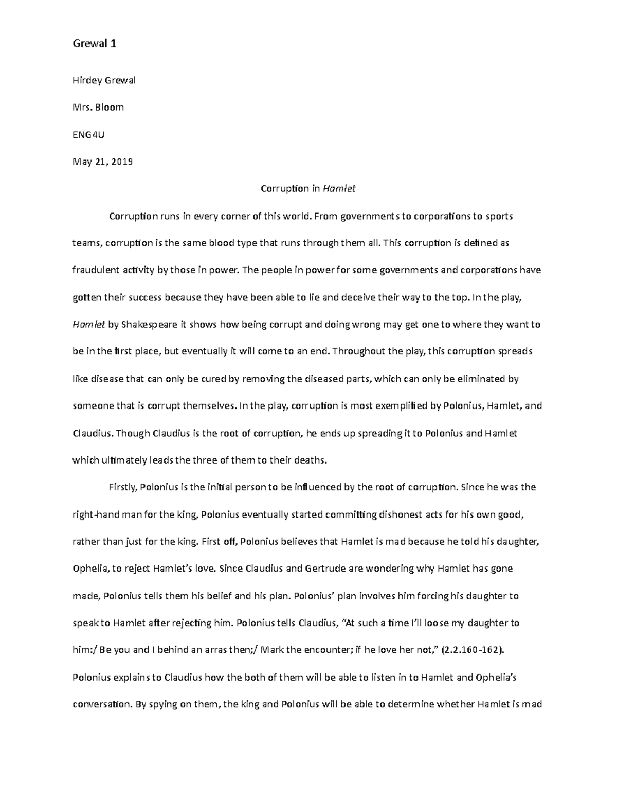 Hamlet Corruption Essay - Hirdey Grewal Mrs. Bloom ENG4U May 21, 2019 ...