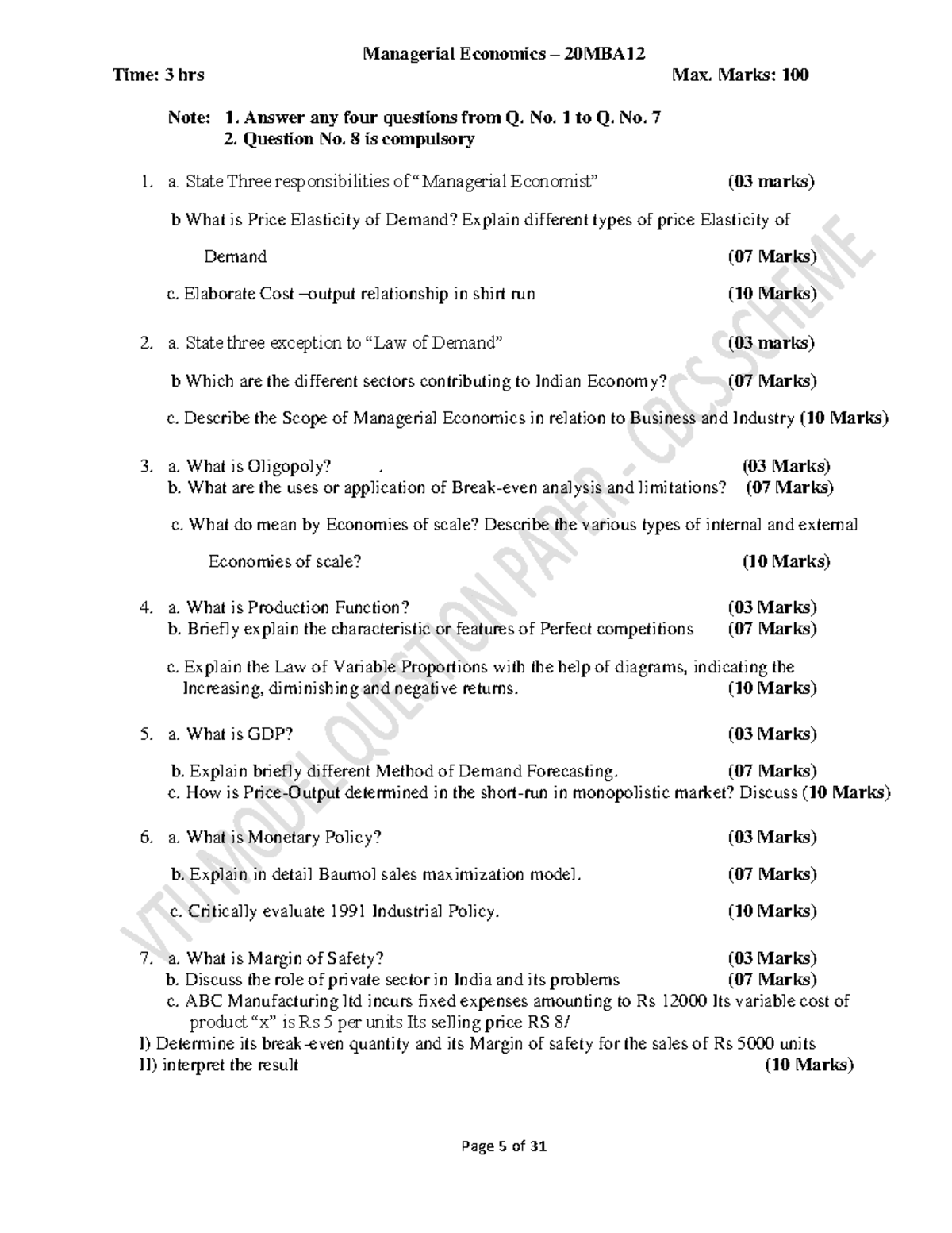20MBA12 - Managerial Economics – 20MBA Time: 3 hrs Max. Marks: 100 Note ...