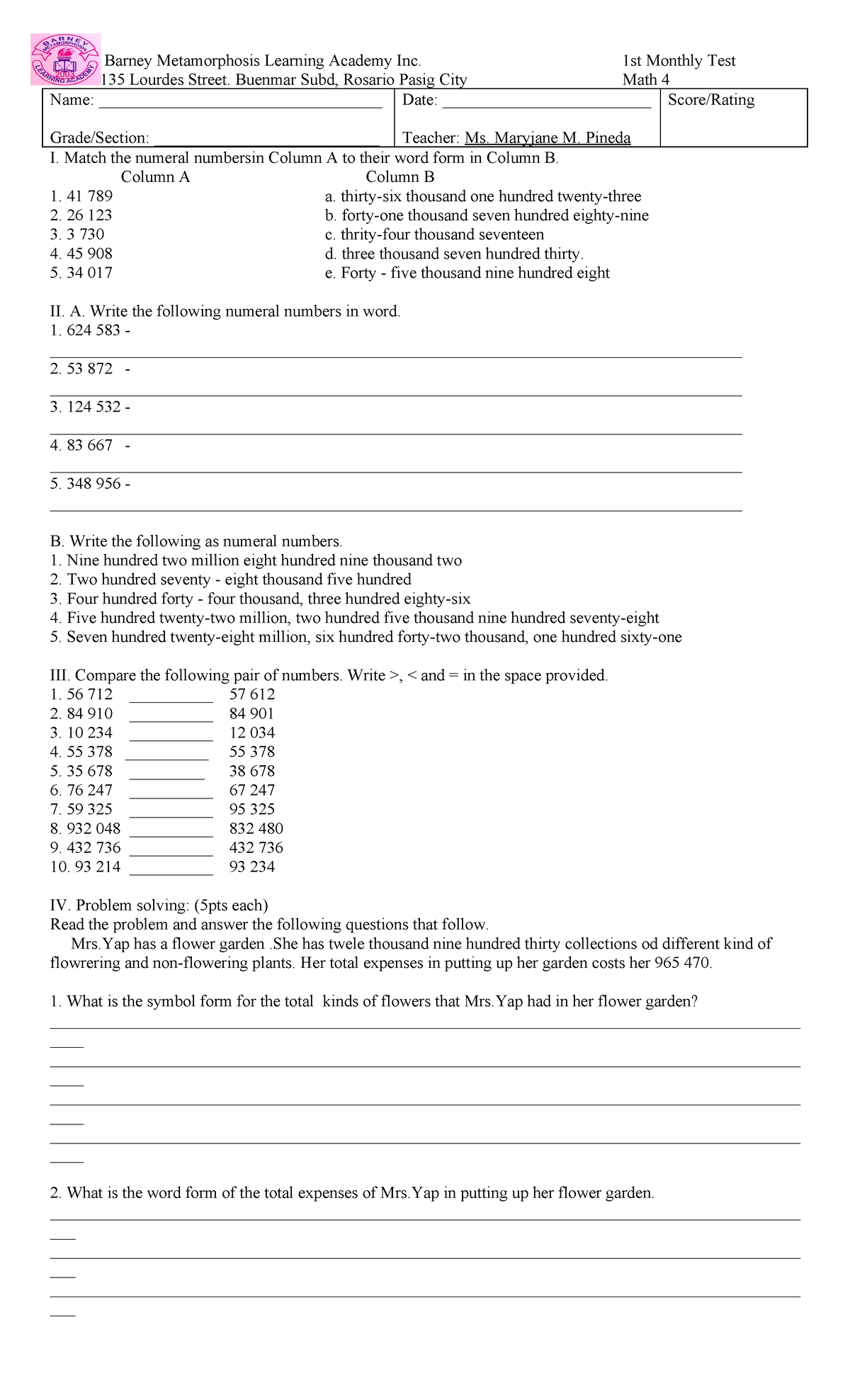 1st Monthly Test in Math 4 - Barney Metamorphosis Learning Academy Inc ...
