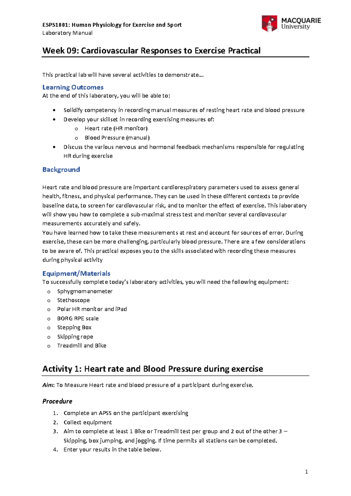 Week09 Cardiovascular Responses to Exercise 2024 - Laboratory Manual Week 09 : Cardiovascular ...