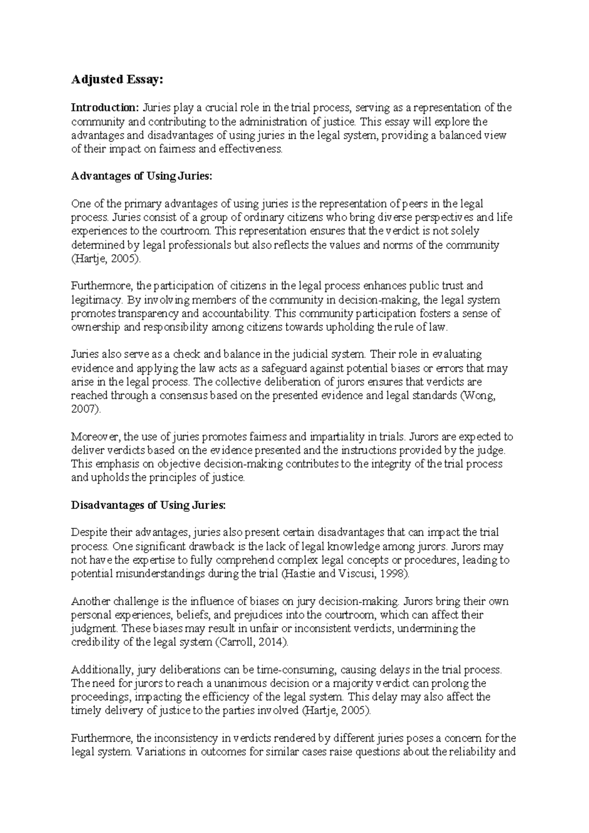 Essay for exam - Adjusted Essay: Introduction: Juries play a crucial ...
