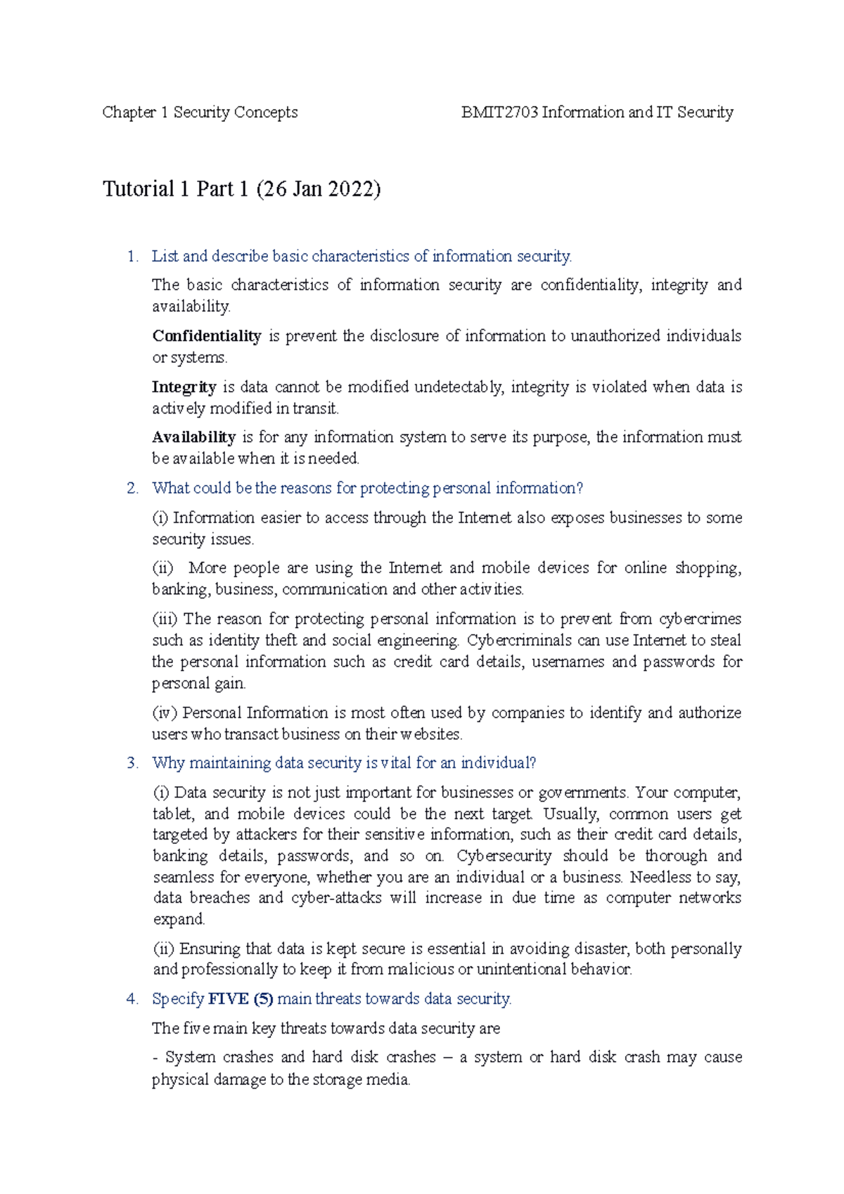IT Tutorial 1 Part 1 (answer) - Chapter 1 Security Concepts BMIT2703 Information and IT Security ...