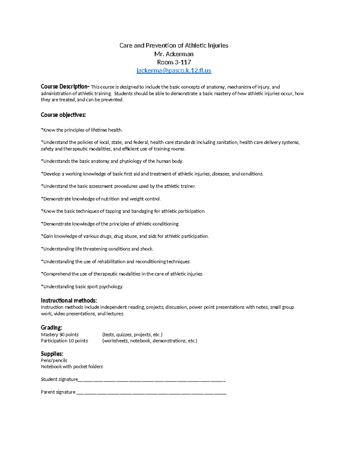 Syllabus care prevention - Care and Prevention of Athletic Injuries Mr ...