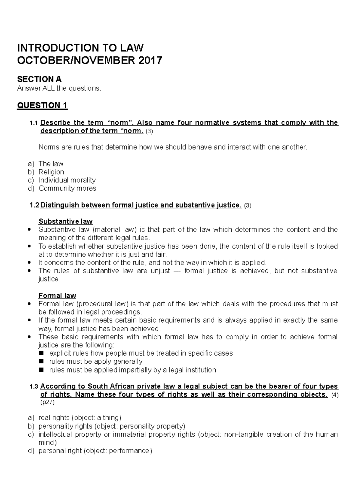 ILW1501 Notes 2 - INTRODUCTION TO LAW OCTOBER/NOVEMBER 2017 SECTION A ...
