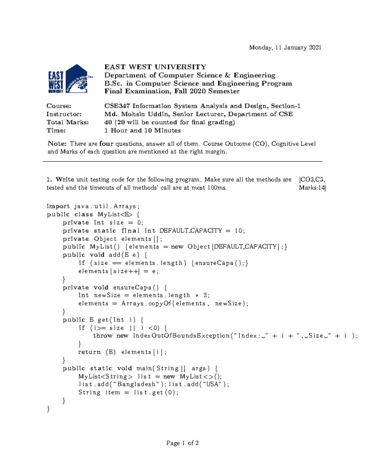 Question Fall20 - Monday, 11 January 2021 EAST WEST UNIVERSITY Department of Computer Science ...