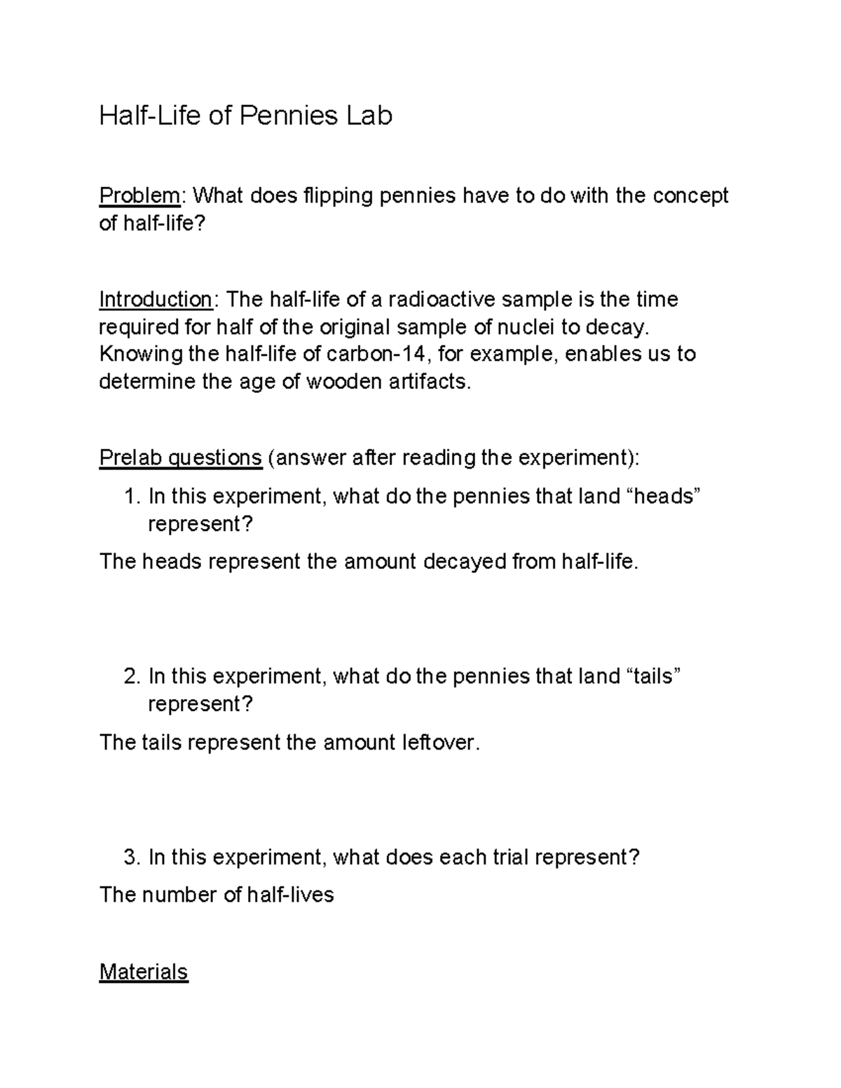 Half Life of Pennies - Half-Life of Pennies Lab Problem: What does ...
