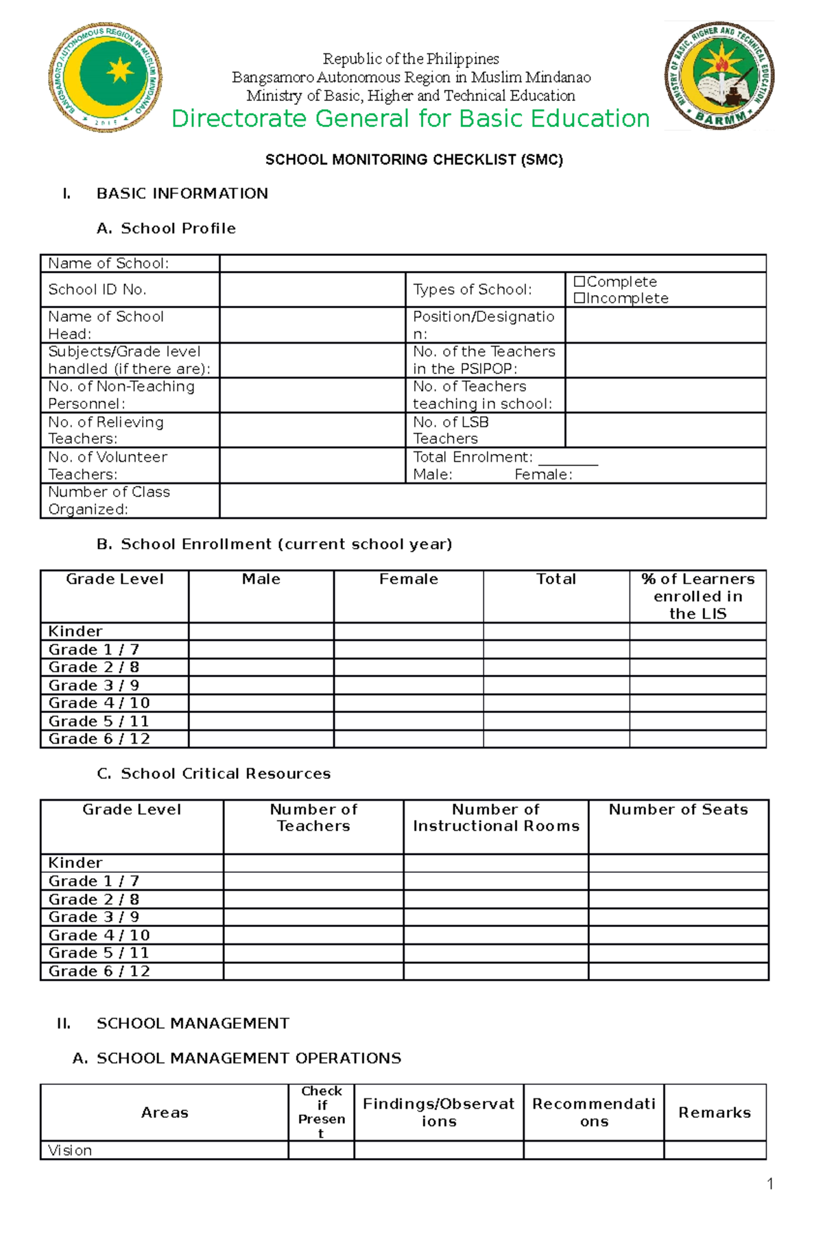 School Monitoring Checklist SMC - Republic of the Philippines ...