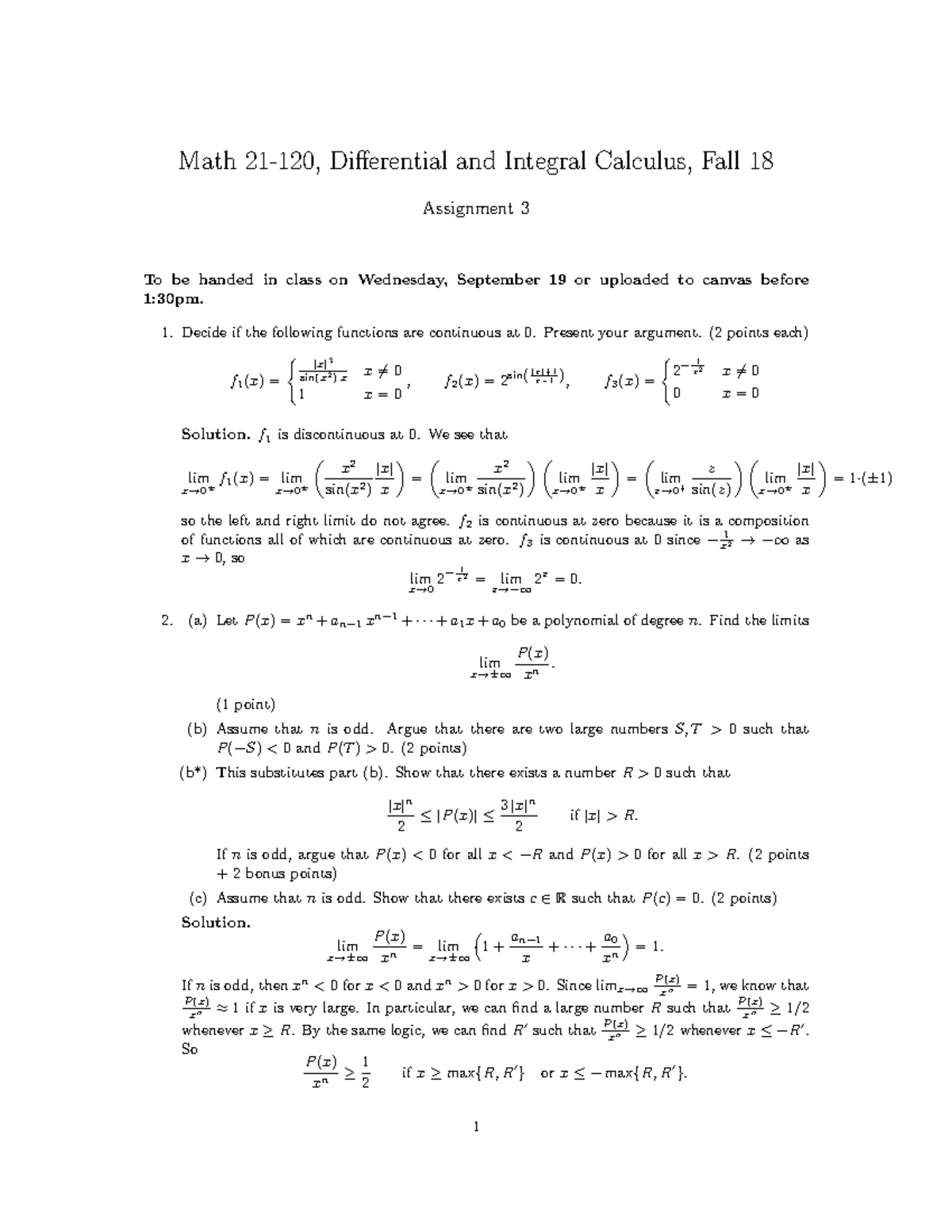 Homework Assignment 3 Answers - Math Differential and Integral Calculus, Fall 18 Assignment 3 To ...