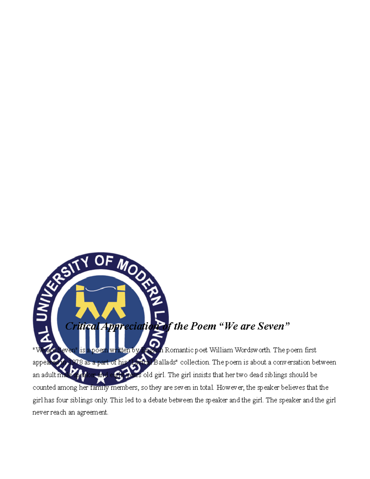 Critical appreciation of poem "We are seven" - Critical Appreciation of ...