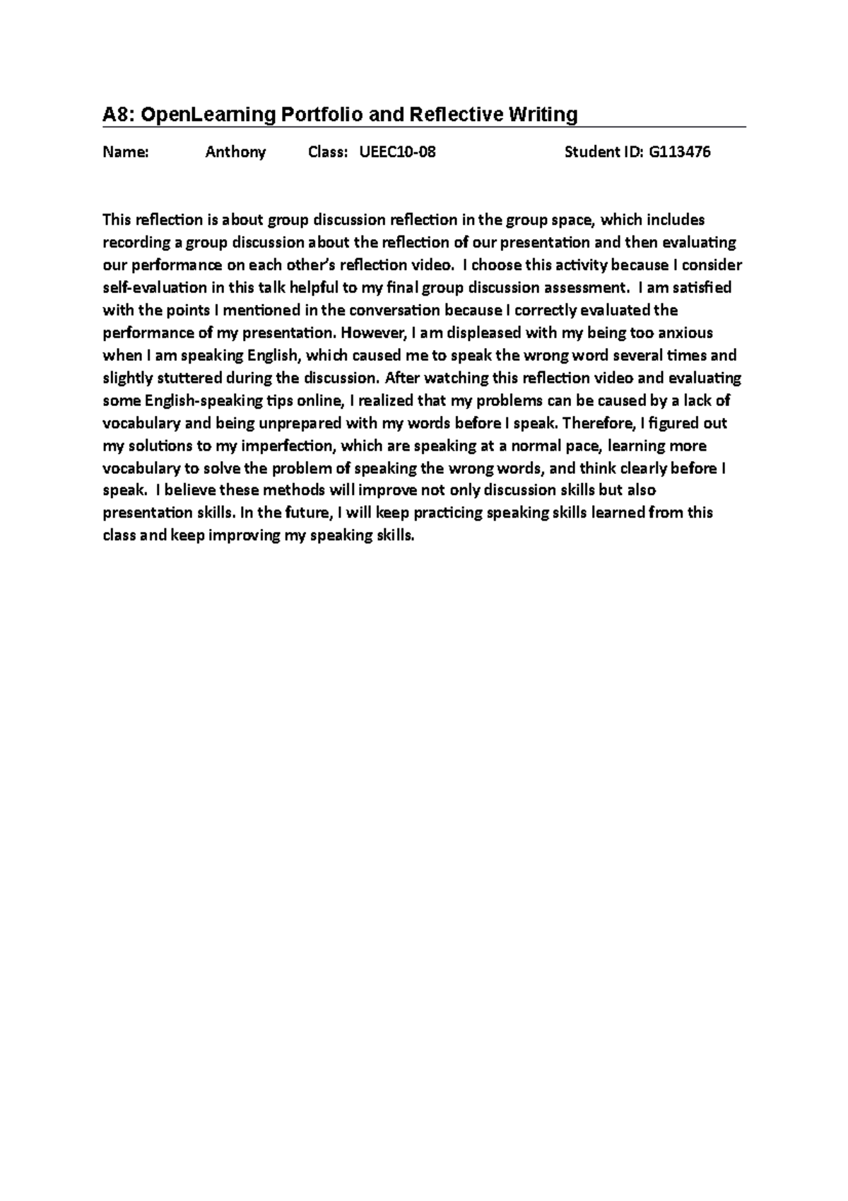 A8 Open Learning Portfolio and Reflective Writing - A8: OpenLearning ...