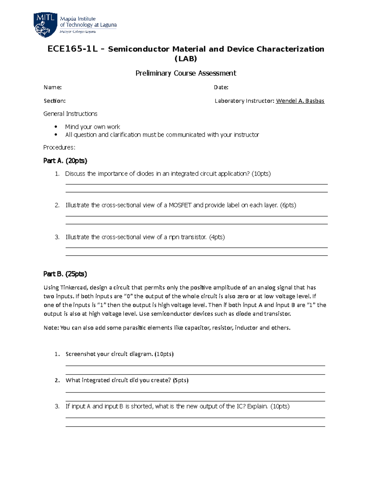 ECE165-1L - Preliminary Course Assessment - ECE165-1L – Semiconductor ...