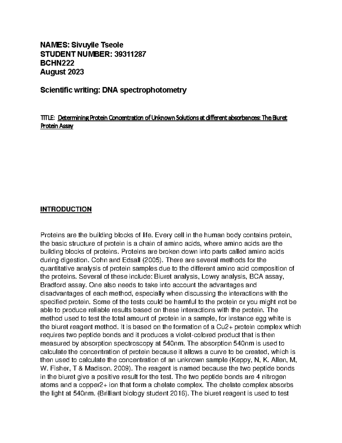 BCHN222 Complete LAB Report - NAMES: Sivuyile Tseole STUDENT NUMBER ...