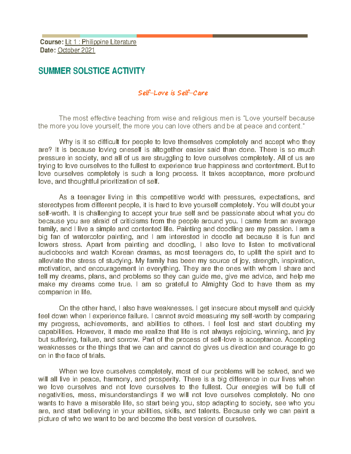 Lit 1 - Summer Solstice - Grade: A+ - Literature - University of the ...