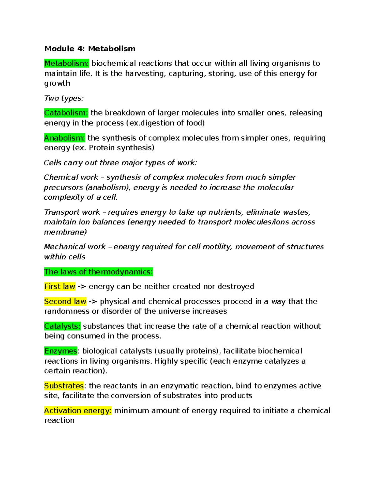BMSC 210 M4 - Module 4 - Module 4: Metabolism Metabolism: biochemical ...