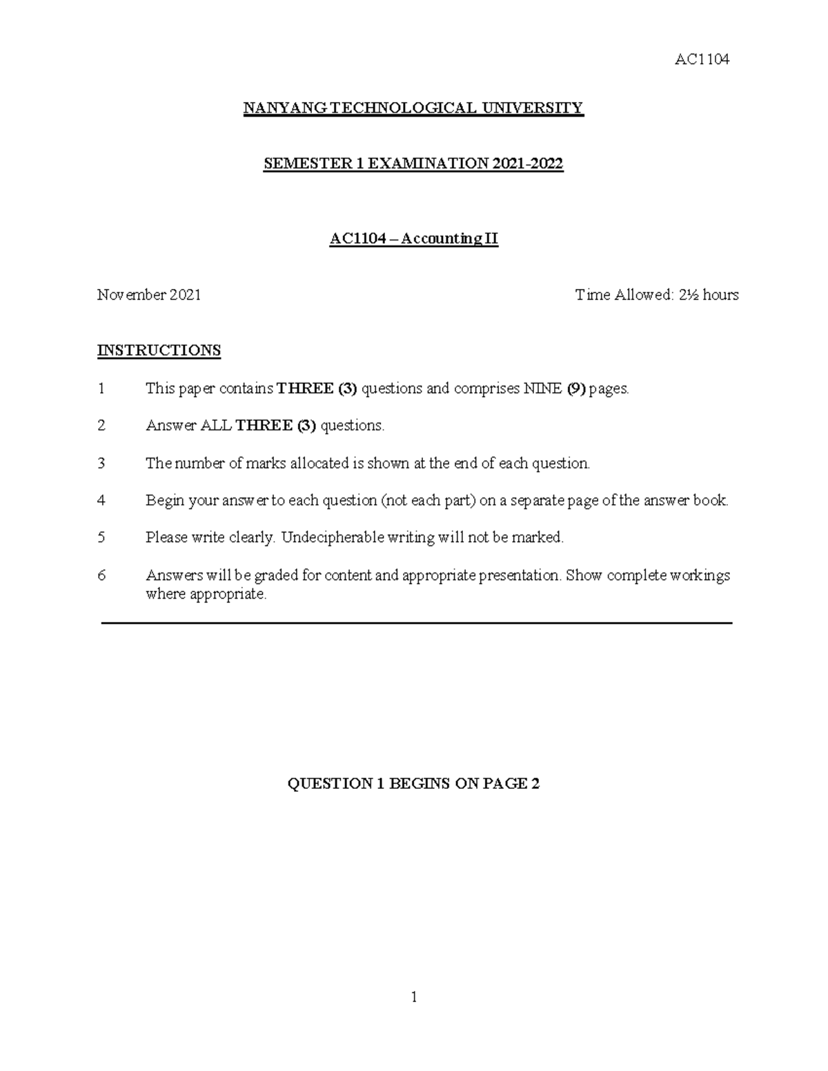 Accounting ll AC1104 exam paper S1 AY2122 - AC1104 NANYANG ...