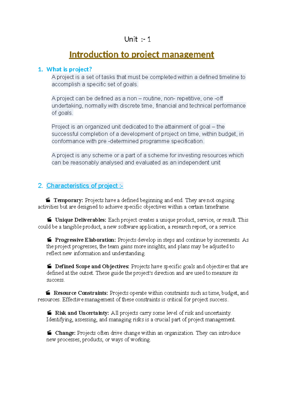PM unit-1 - this is the notes of project management - Unit :- 1 ...