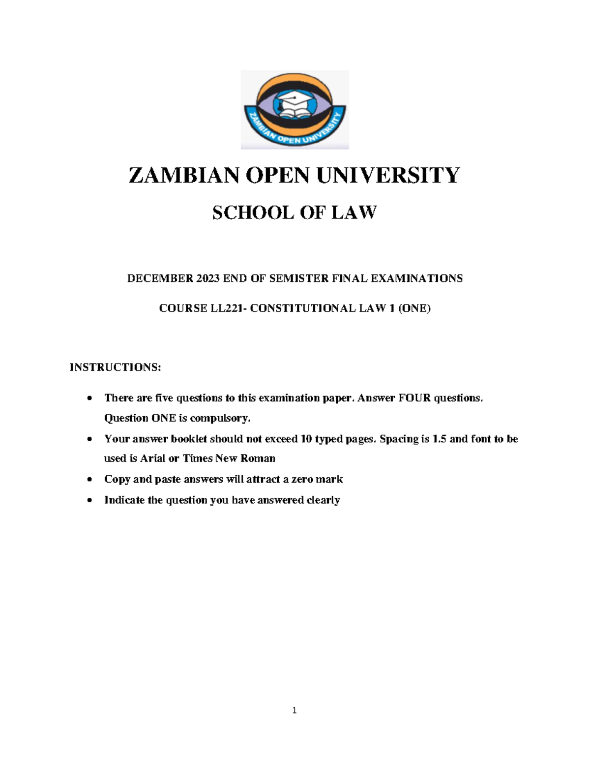 DEC 2023 LL2 21 Constitutional Law 1 Exam - ZAMBIAN OPEN UNIVERSITY ...