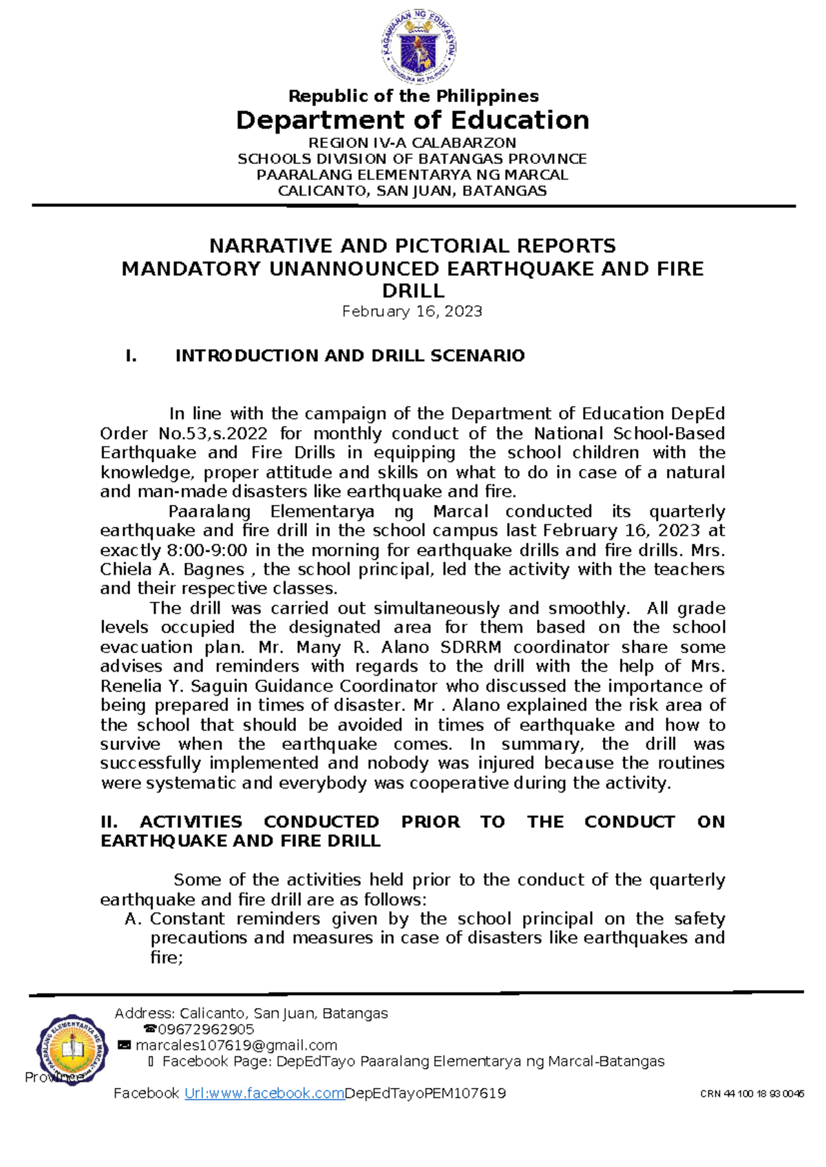 Narrative Report February 16, 2023-DRRM-Earthquake ang Fire Drill - CRN ...