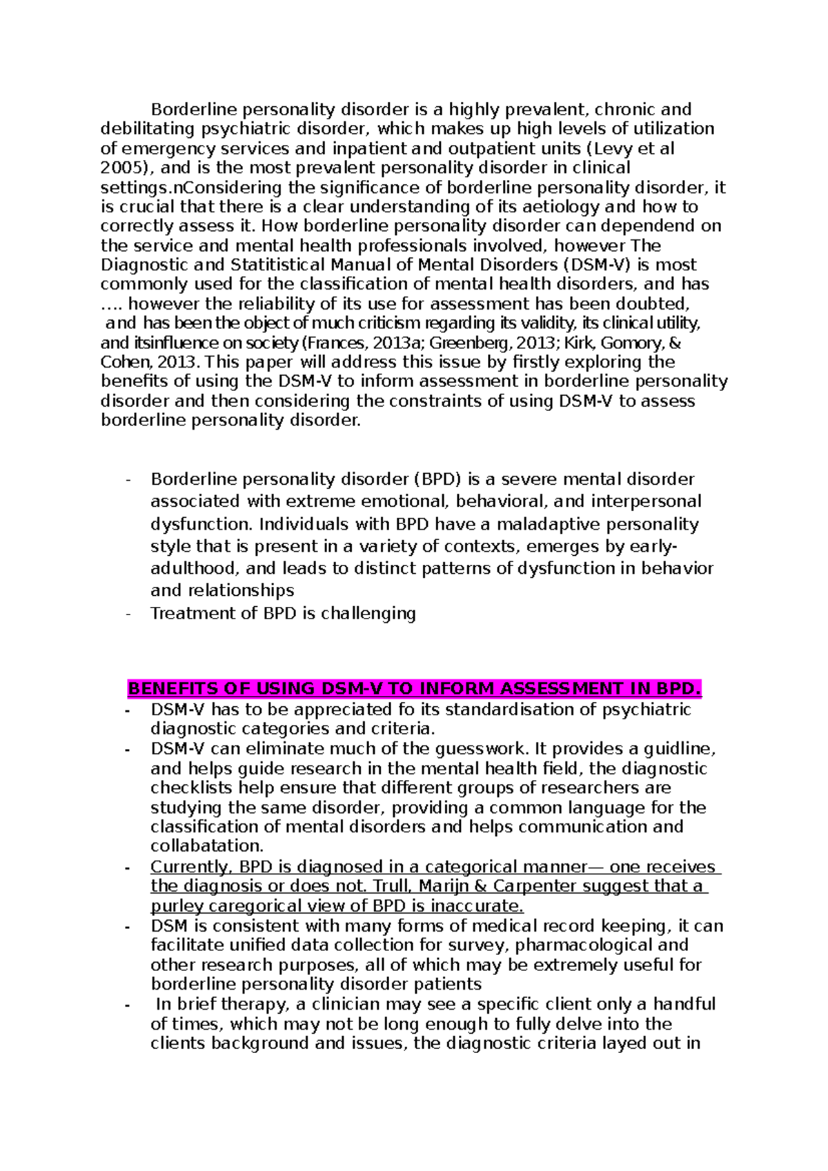 Ready TO Write UP DSM BPD - Borderline personality disorder is a highly ...