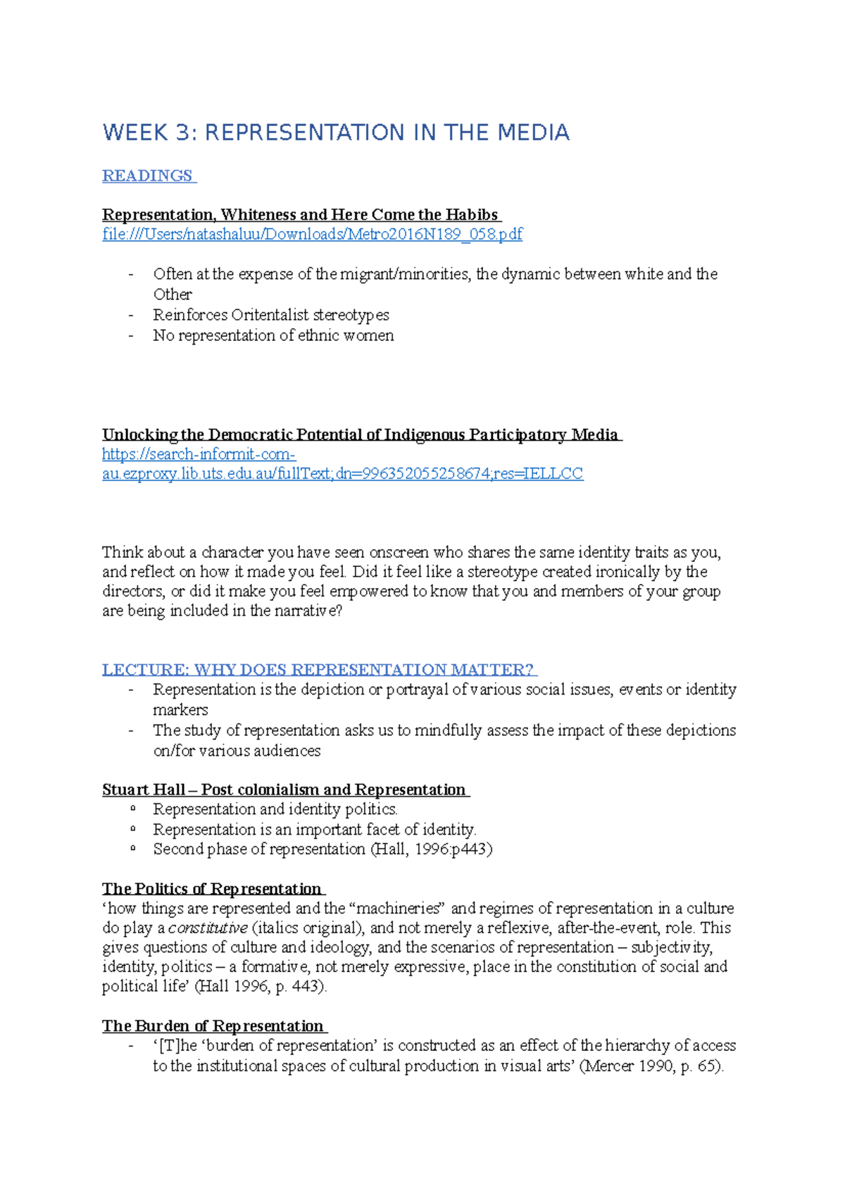 Lecture Notes and Readings MP - WEEK 3: REPRESENTATION IN THE MEDIA ...