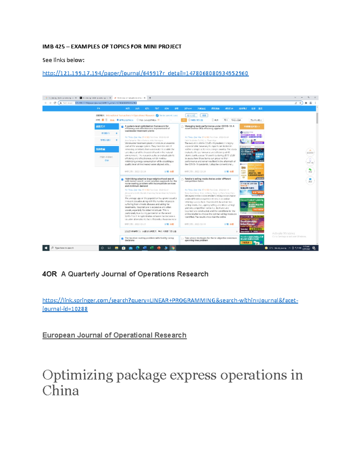 Example MINI Project Topics FROM Various OR Journals - Simulation ...