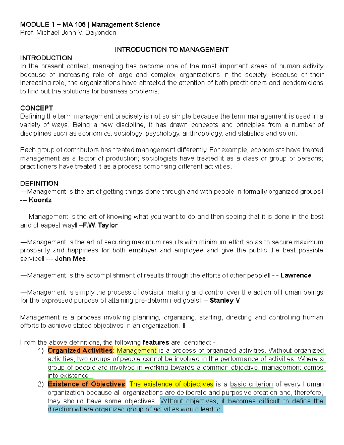 MA 105 Module 1 - MODULE 1 – MA 105 | Management Science Prof. Michael ...