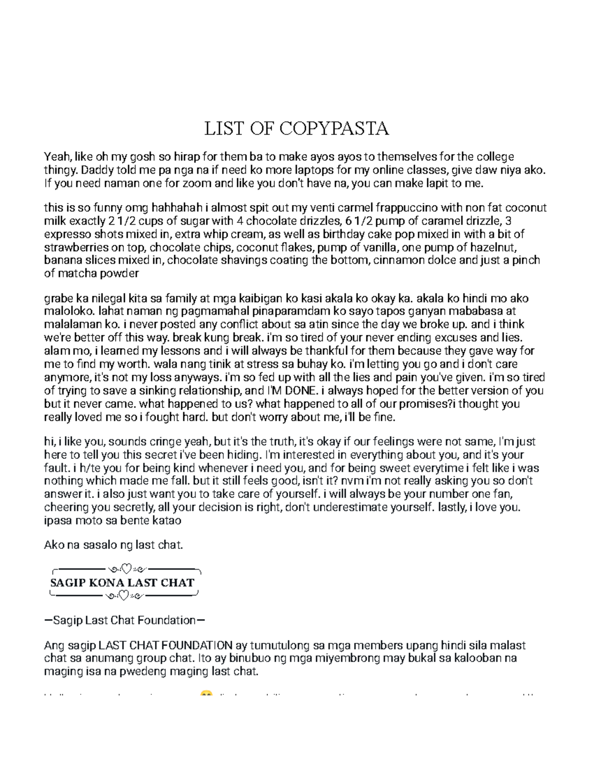 List of filo copy pasta - LIST OF COPYPASTA Yeah, like oh my gosh so ...