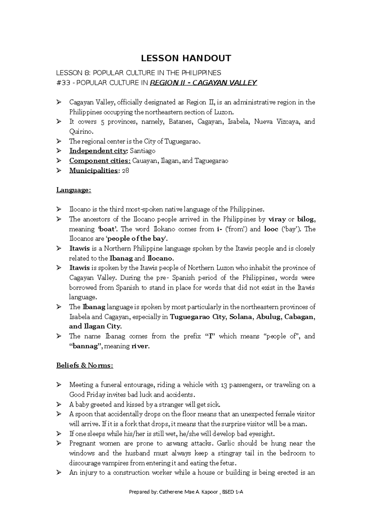 Region II (Cagayan Valley) - LESSON HANDOUT LESSON 8: POPULAR CULTURE ...