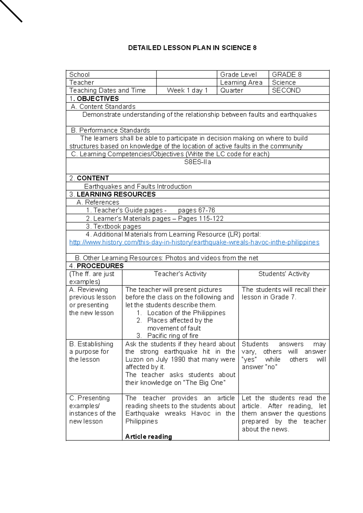 Second Quarter DLL - notes - DETAILED LESSON PLAN IN SCIENCE 8 School ...