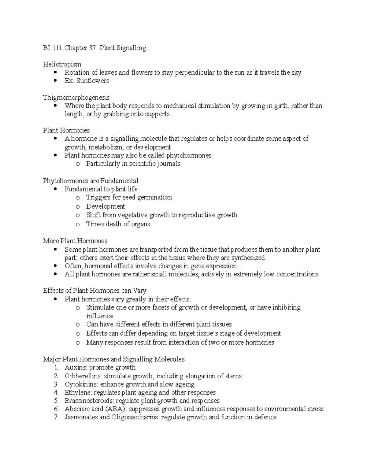 BI 111 Chapter 37 - BI Chapter 37: Plant Signalling Heliotropism ...