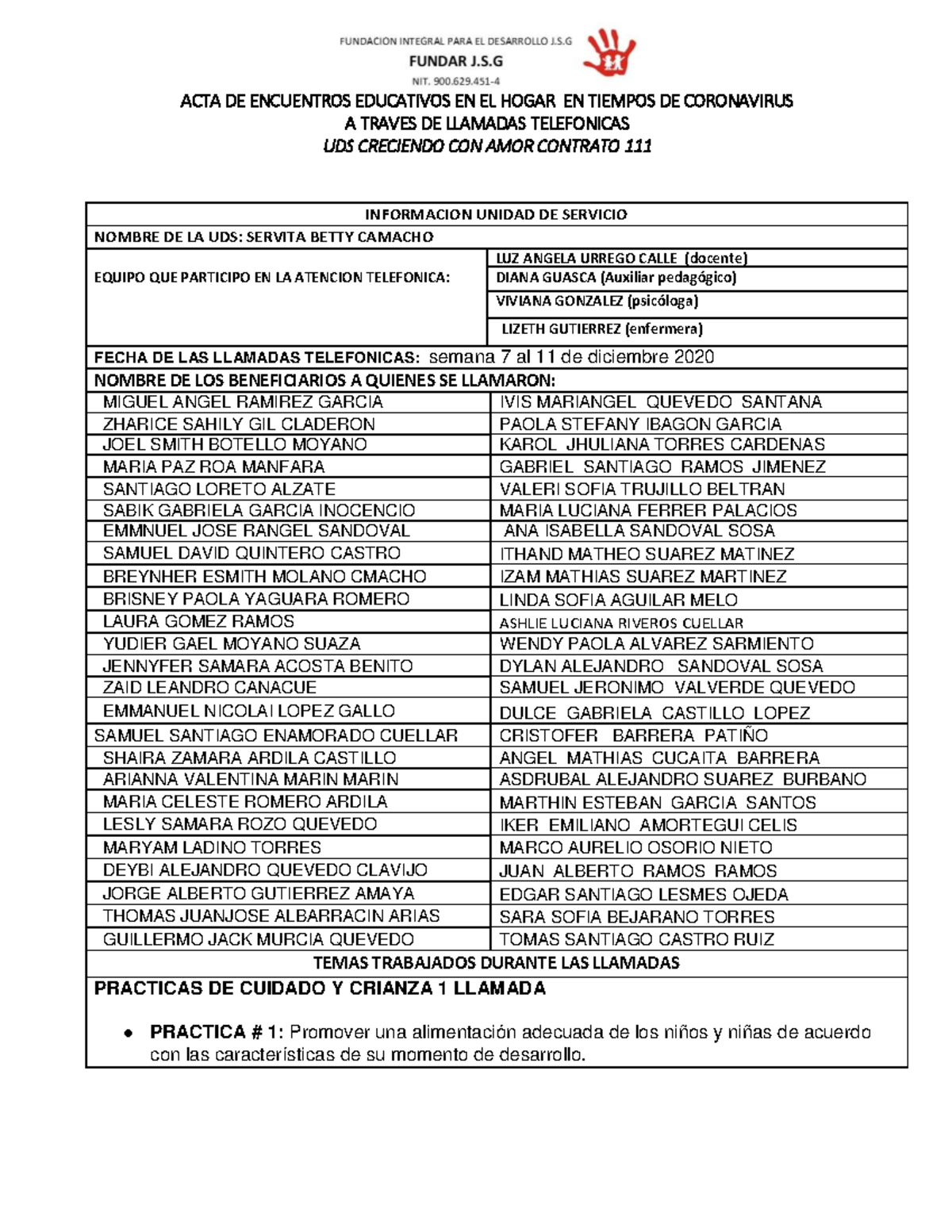 Servita Betty Camacho DEL 7 AL 11 DE Diciembre ACTA - ACTA DE ...