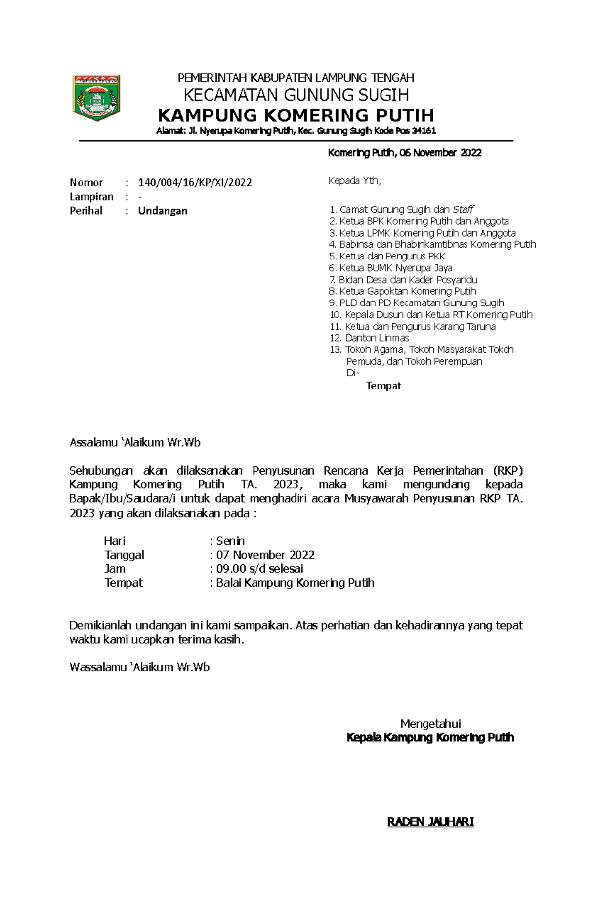 Undangan RKP 2023 - PEMERINTAH KABUPATEN LAMPUNG TENGAH KECAMATAN GUNUNG SUGIH KAMPUNG KOMERING ...
