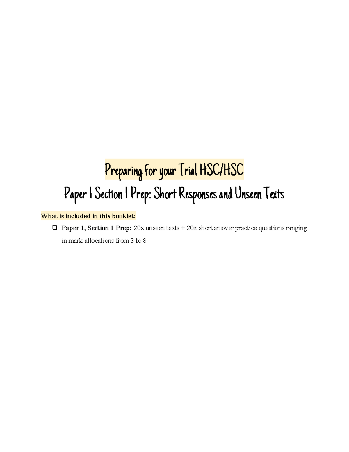 Trial HSC Preparation Question Booklet - unseen texts and short ...