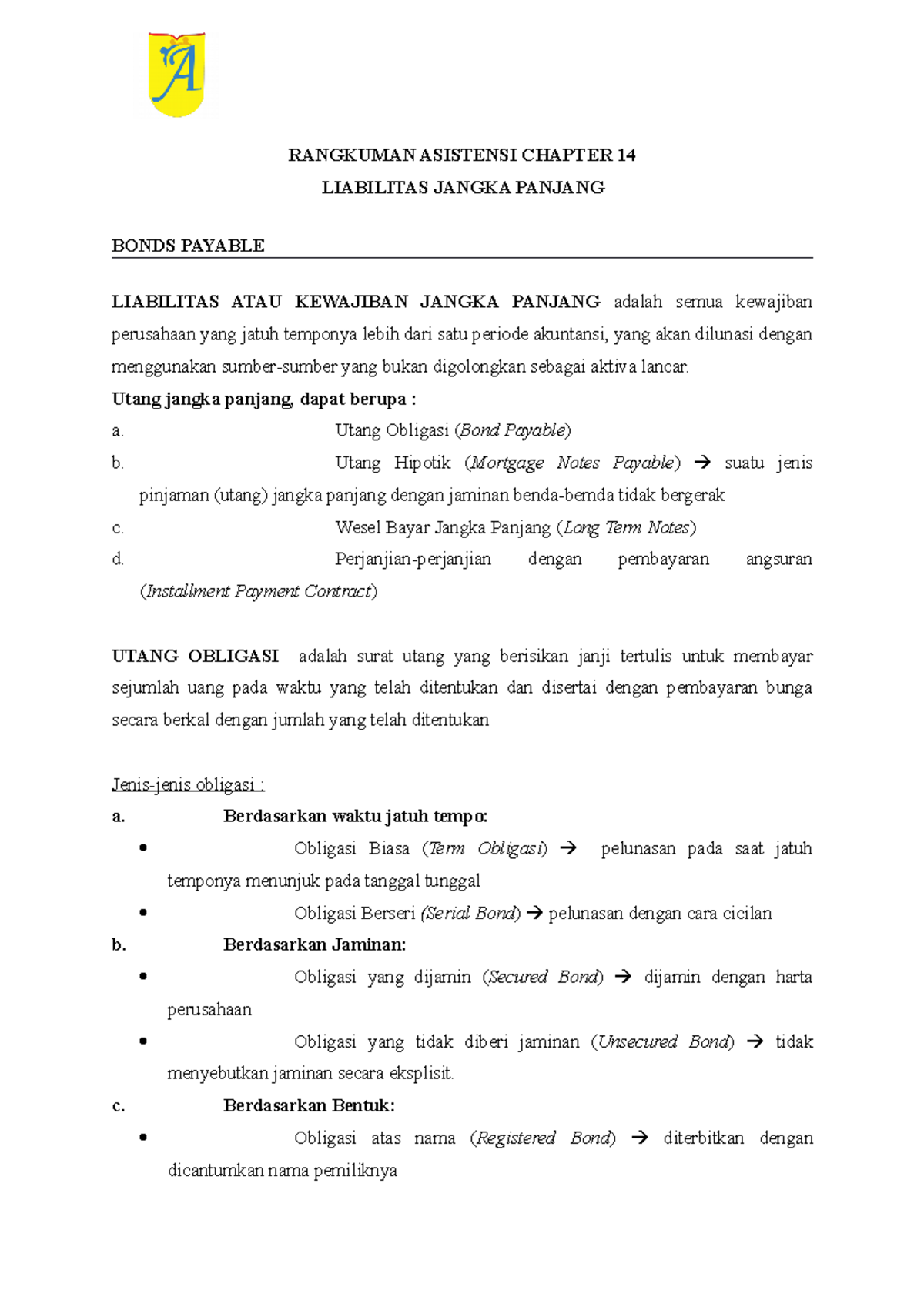 Rangkuman-chapter-14 - RANGKUMAN ASISTENSI CHAPTER 14 LIABILITAS JANGKA PANJANG BONDS PAYABLE ...