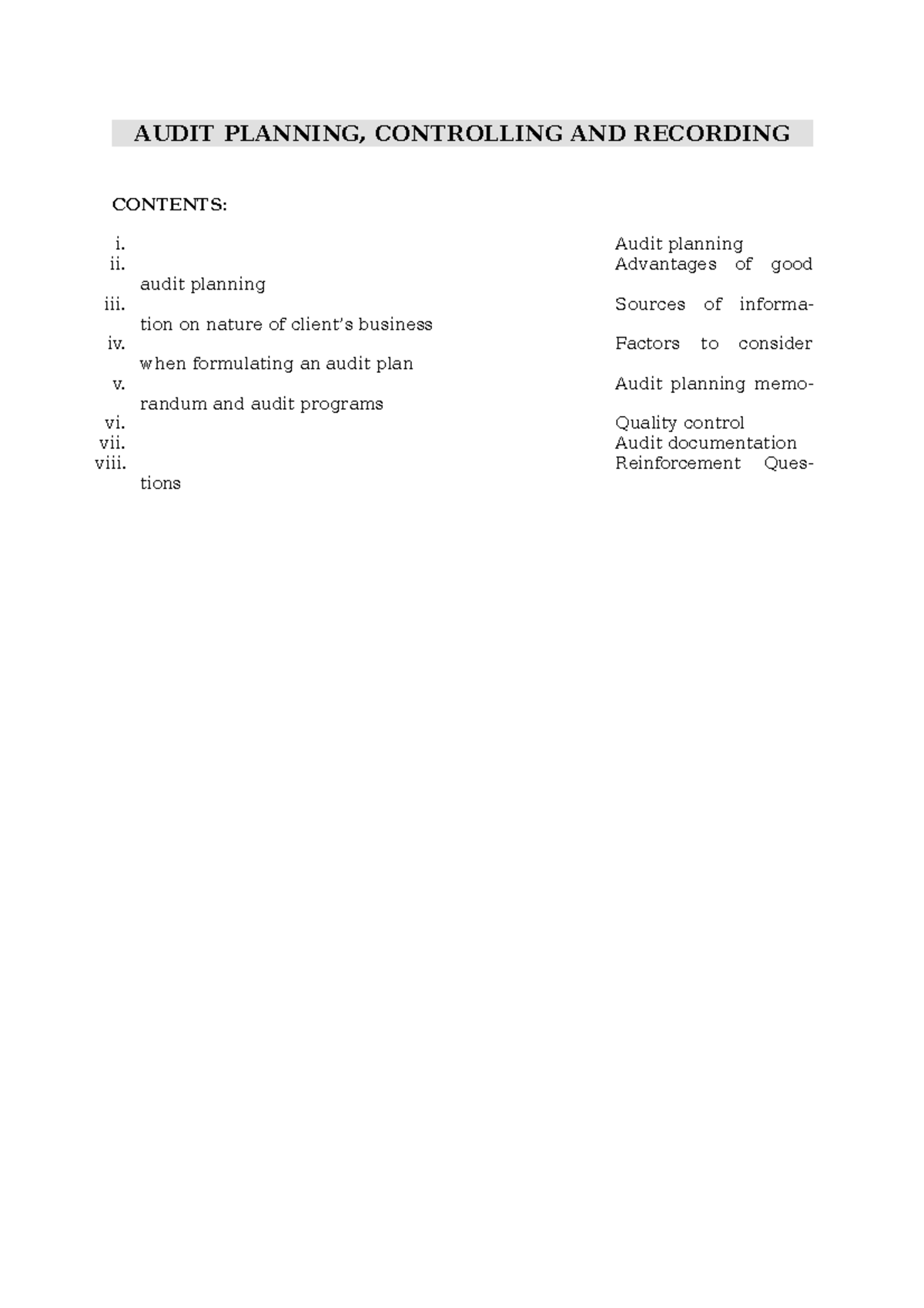 Audit Planning Recording AND Control - AUDIT PLANNING, CONTROLLING AND ...